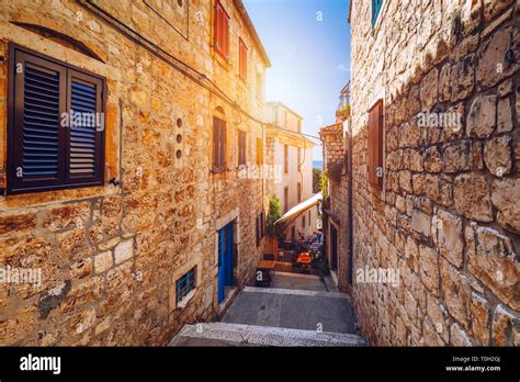 Beautiful Street With Flowers In The Hvar Town Hvar Island Dalmatia