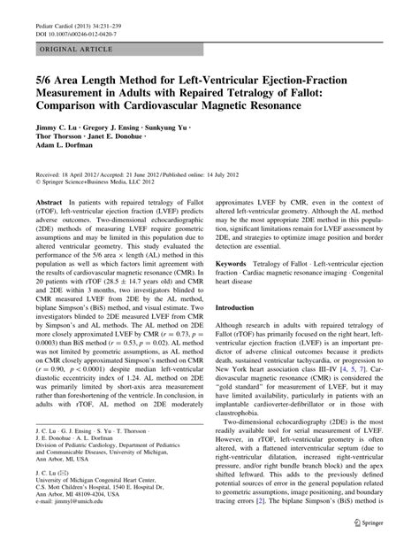 Pdf 56 Area Length Method For Left Ventricular Ejection Fraction