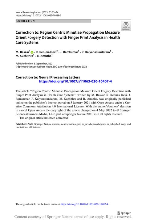 Correction To Region Centric Minutiae Propagation Measure Orient Forgery Detection With Finger