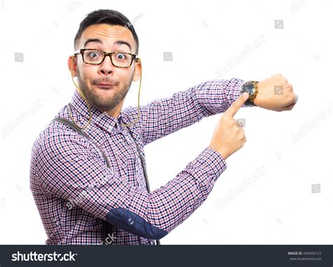 Funny Nerd Pointing His Watch Stock Photo Shutterstock