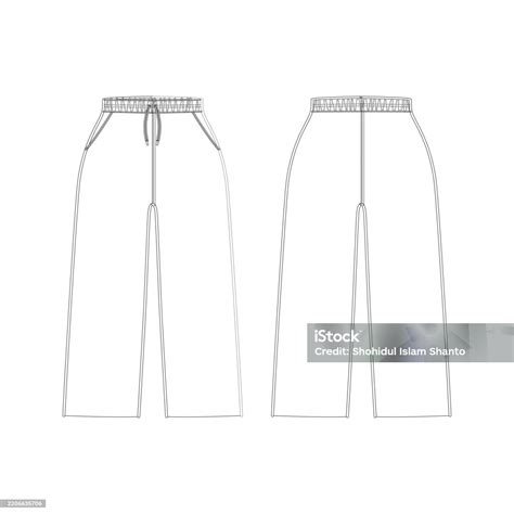 라운지웨어 바지 패션 드로잉 템플릿 조거 Cad 목업 여성 패션 탄성 허리 끈 포켓 릴렉스 핏 플랫 스케치 앞뒤 보기 의류 디자인 일러스트레이션 끈 가방에 대한 스톡 벡터