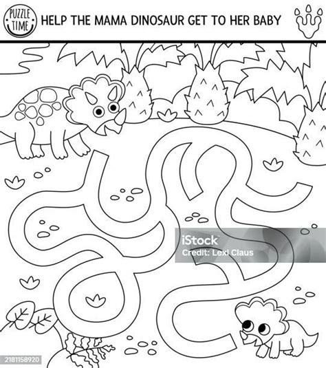 흑인과 백인 공룡 미로 고대 세계 풍경을 가진 아이들 정사각형 선사 시대 선 인쇄 가능한 활동 공룡 땅 미로 게임 퍼즐 색칠 공부 페이지 트리케라톱스가 아기에게 갈 수