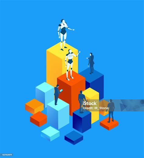 Isometric Business Concept Environment Business People And Robots Are Working Together Stock