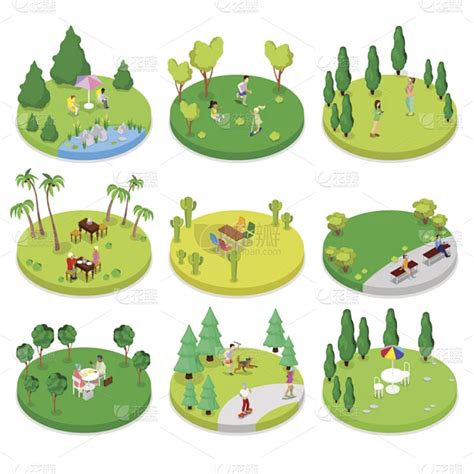 公园 户外 等角投影 景观设计 公园长椅 长椅 绘画插图 伴侣 夏天 男性素材 花瓣网