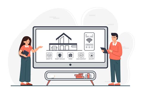 남성과 여성이 대형 화면에서 스마트 홈 오토메이션을 선보입니다 보안 Ai 음성 비서 스마트 Tv 및 로봇 청소기의 원격 제어 사물 인터넷 개념 플랫 절연 벡터 그림 가상