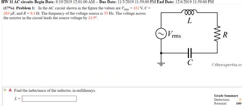 Solved HW 11 AC Circuits Begin Date 8 19 2019 12 01 00 AM Chegg Com