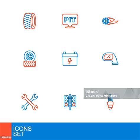 라인 자동차 점화 플러그 레이싱 신호등 렌치 스패너 거울 타이어 휠 배터리 휠 화재 불꽃 및 피트 스톱 아이콘을 설정합니다 벡터 거울에 대한 스톡 벡터 아트 및 기타 이미지