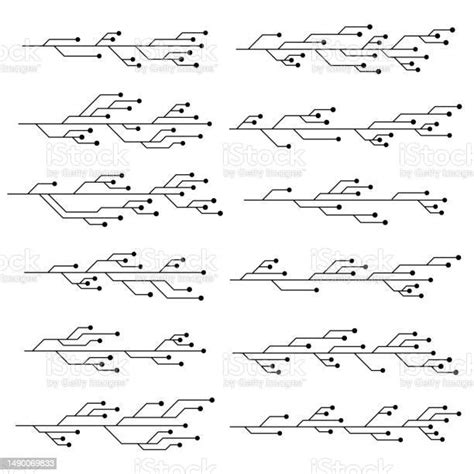 인쇄 회로 기판 Pcb 세트는 흰색 배경에 격리된 실루엣을 추적합니다 선과 점이 있는 테크니컬 클립아트 디자인용 디바이더 디자인 요소입니다 Cpu에 대한 스톡 벡터 아트 및