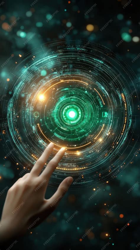 A Hand Reaching Towards A Glowing Circular Interface With Intricate