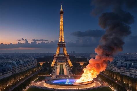 The Olympic Cauldron Flame Ignites Against The Evening Sky With The