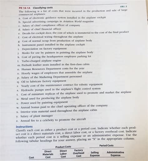 Solved Pr 18 1a Classifying Costs Obj 2 The Following Is A