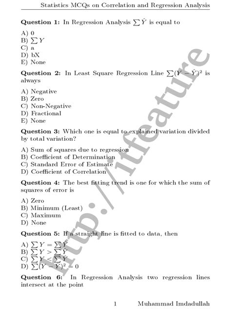 Mcqs On Correlation And Regression Analysis Pdf Teaching Methods