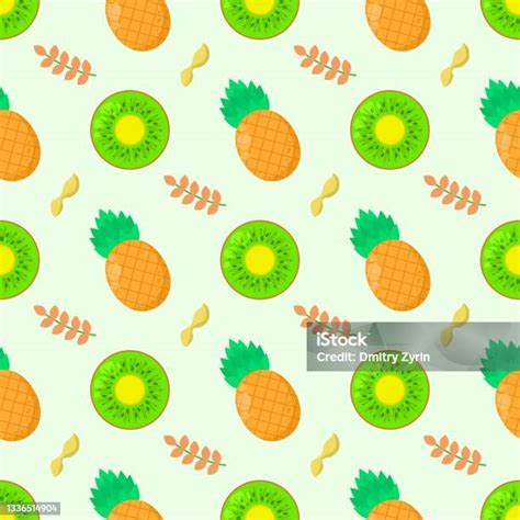 매끄러운 패턴 추상 요소 과일 과일 음식 파인애플과 키위 잎 벡터 디자인 스타일 배경 일러스트 프린트 직물 의류 선물 랩 벽지 파스텔 건강한 생활방식에 대한 스톡 벡터 아트