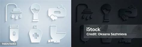 액체 항균 비누 병 바 전기 이발기 또는 면도기 변기 면도 브러시 및 샤워 헤드 아이콘을 설정합니다 벡터 3차원 형태에 대한 스톡 벡터 아트 및 기타 이미지 Istock