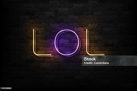 현실적인 벡터 고립 장식과 벽 바탕에 취재에 대 한 Lol 로고의 네온 사인 소셜 미디어와 웃음의 개념입니다 Led 조명에 대한 스톡 벡터 아트 및 기타 이미지 Istock