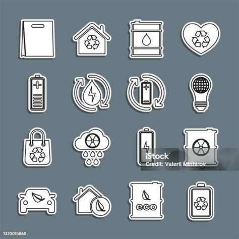 재활용 배럴의 방사성 폐기물 전구 세계 전세계 오일 깨끗한 아쿠아 재활용 충전 수준 표시기 쇼핑 백 및 아이콘이있는 세트 라인 배터리를 설정합니다 벡터 Friendly