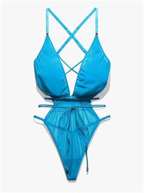 Gathered Mesh Strappy Teddy In Blue Savage X Fenty