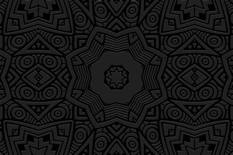 양각 된 검은 배경 표지 디자인 배너 기하학적 부족 원래 3d 패턴입니다 민족 장신구 아라베스크 만다라 빈티지 핸드메이드 동쪽 아시아 인도 멕시코 아즈텍의 모티브 3차원