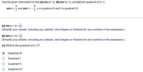 Solved Use The Given Information To Find A Sin S T B Chegg Com