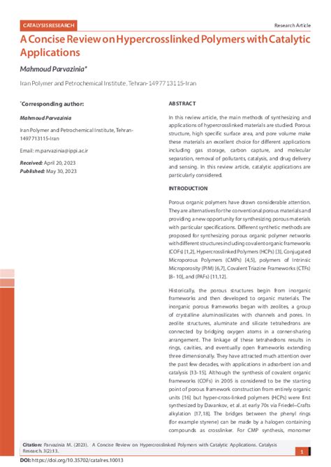 Pdf A Concise Review On Hypercrosslinked Polymers With Catalytic