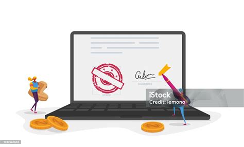 전자 계약 또는 디지털 서명 개념 문서에 스탬프와 노트북 화면에 식별 양식으로 이름을 넣어 거 대 한 펜사업가 캐릭터 만화 사람 벡터 일러스트 인터넷에 대한 스톡 벡터 아트