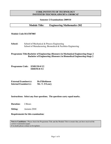Periodic Function Engineering Mathematics Exam Docsity