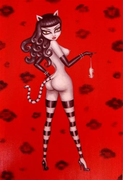 Purrfect 2 Big Eye Pin Up Sexy Cat Woman With A White Mouse Giclee