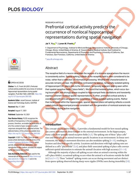 Pdf Prefrontal Cortical Activity Predicts The Occurrence Of Nonlocal Hippocampal