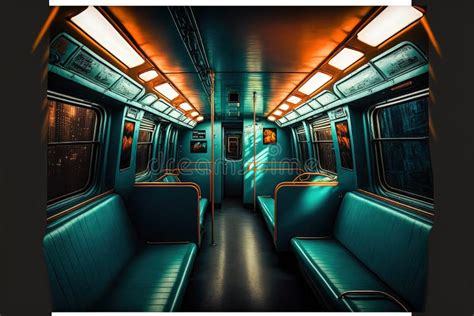 Metro Train Interior With Neon Lights Generative Ai Stock Illustration