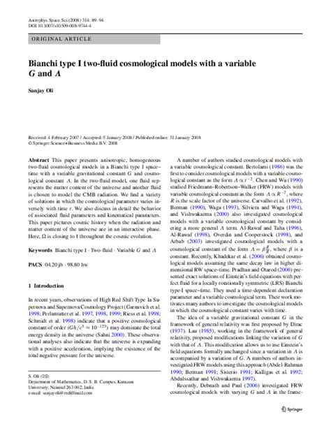 Pdf Bianchi Type I Two Fluid Cosmological Models With A Variable G And