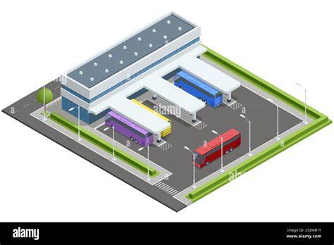 Isometric Vector Of A Modern Bus Station With Parking Lanes Colored Buses And A White Building