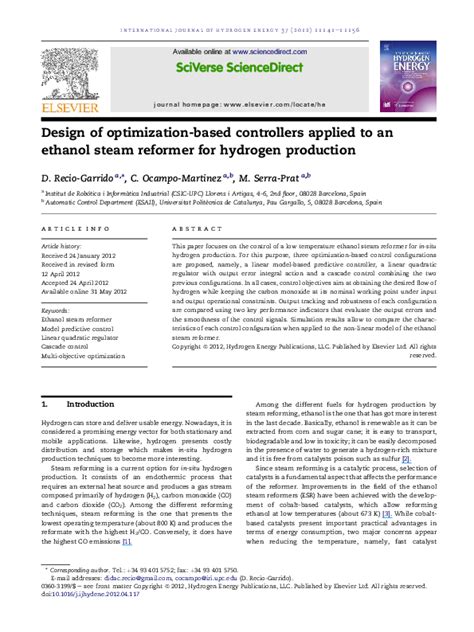 Pdf Design Of Optimization Based Controllers Applied To An Ethanol Steam Reformer For Hydrogen