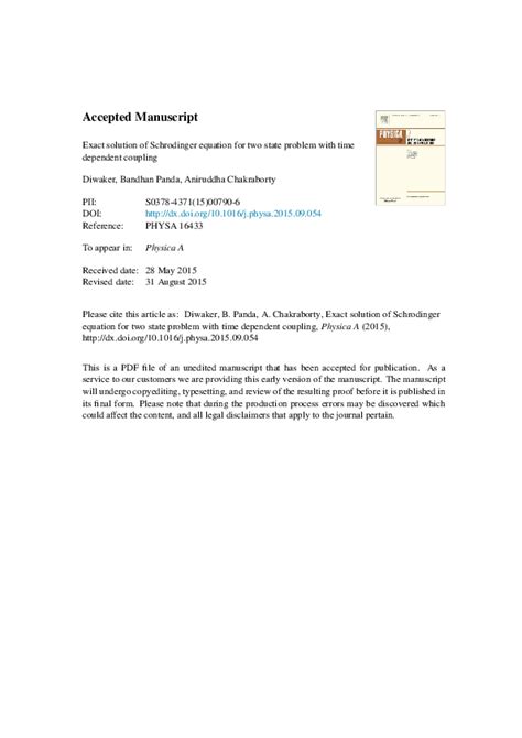 Pdf Exact Solution Of Schrodinger Equation For Two State Problem With Time Dependent Coupling