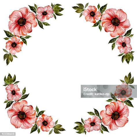 플로랄 프레임 그림입니다 녹색 잎 붉은 꽃이 아름 다운 공간 중간에 텍스트와 흰색 배경에 라운드 패턴입니다 수채화 그림입니다 격리 개화기에 대한 스톡 벡터 아트 및 기타