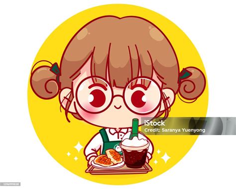 와플과 커피 만화 캐릭터 일러스트를 들고 앞치마에 귀여운 바리스타 개념에 대한 스톡 벡터 아트 및 기타 이미지 개념 귀여운