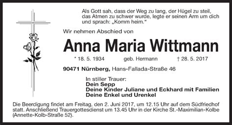 Traueranzeigen Von Anna Wittmann Trauer Nn De