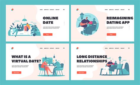 가상 데이트 랜딩 페이지 템플릿 세트입니다 사람들은 데이트를 위해 Vr 기술을 사용합니다 사이버 공간에서 만나는 남성 여성