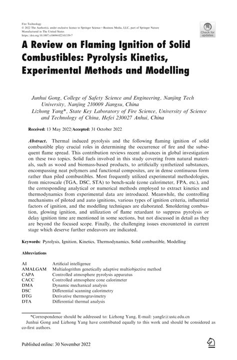 Pdf A Review On Flaming Ignition Of Solid Combustibles Pyrolysis Kinetics Experimental