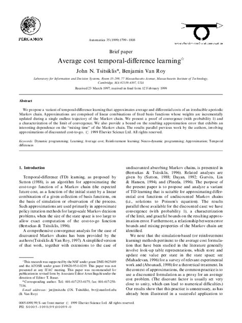 Pdf Average Cost Temporal Difference Learning