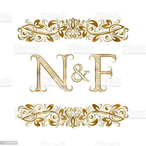 N 및 F 빈티지 이니셜 기호입니다 편지는 장식 요소로 둘러싸여 있습니다 결혼식 또는 비즈니스 파트너 로얄 스타일의 모노그램 알파벳 F에 대한 스톡 벡터 아트 및 기타