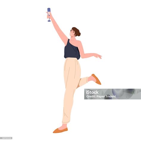 행복한 여자가 샴페인 잔을 들고 휴일 파티를 축하합니다 축제 행사에서 여성을 기뻐하고 술을 마시는 미소 흰색 배경에 격리된 플랫