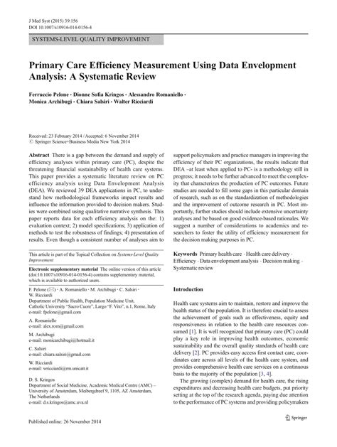 Pdf Primary Care Efficiency Measurement Using Data Envelopment Analysis A Systematic Review