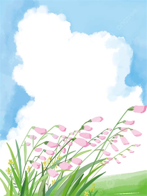 草原粉色花朵藍天白雲手繪水彩插畫清新背景圖桌布手機桌布圖片免費下載 Pngtree