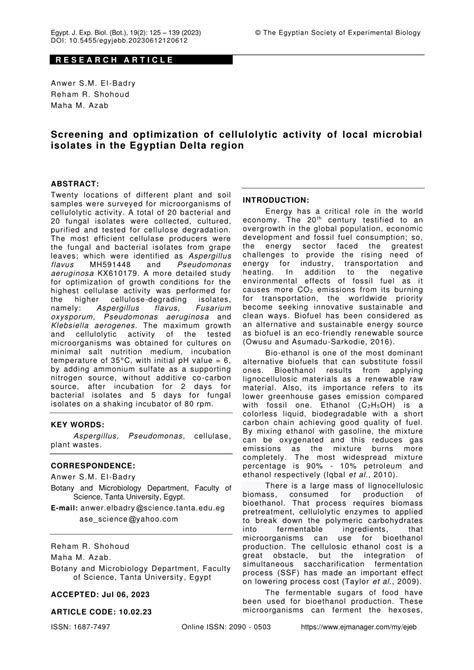 Pdf Screening And Optimization Of Cellulolytic Activity Of Local Microbial Isolates In The