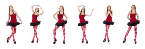 The Red Haired Girl In A Red Dress And Stockings On A White Background Photo Picture And Hd