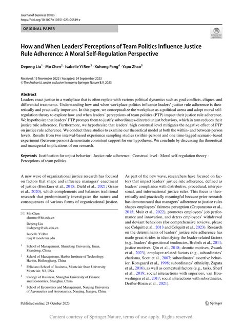 How And When Leaders Perceptions Of Team Politics Influence Justice