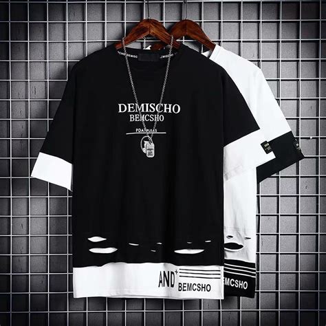 Cod เสื้อยืดแขนสั้น ทรงหลวม พิมพ์ลายรู สไตล์เกาหลี ญี่ปุ่น เรโทร แฟชั่นฤดูร้อน สําหรับผู้ชาย ไซ