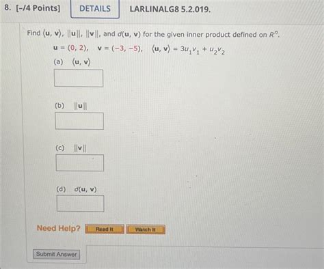 solved find u v ∥u∥ ∥v∥ and d u v for the given inner