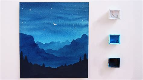 تعلم الرسم بالالوان المائية كيف ترسم منظر طبيعي ليلي سهل بـ 3 الوان