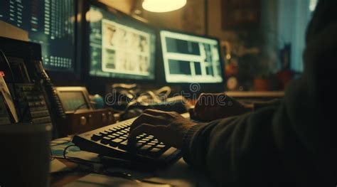 person typing on keyboard with multiple monitors in dimly lit room stock illustration